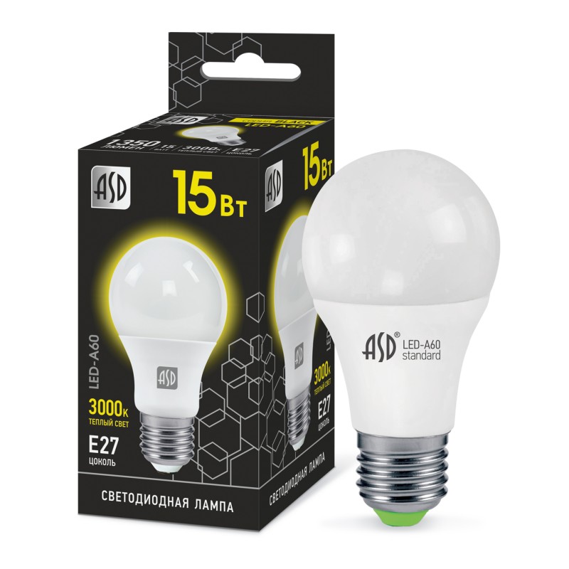 Лампа светодиодная LED-A60-black 15Вт 230В Е27 3000К 1350Лм ASD ...