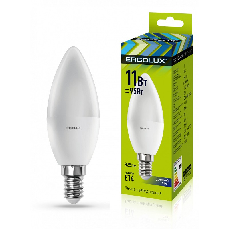 Светодиодная лампа ERGOLUX LED-C35-11W-E14-6K, 11 Вт, 6500K, Е14, 13620