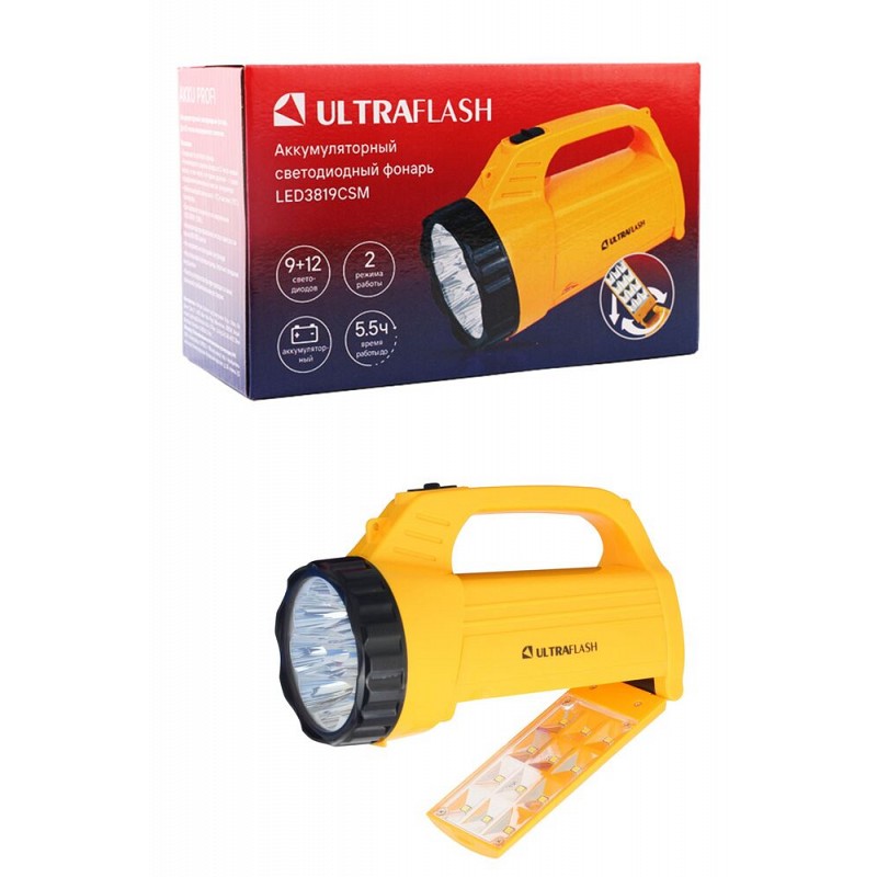 Фонарь Ultraflash LED3819CSM с аккумулятором, 9LED + 12SMD, желтый пластик, 12860