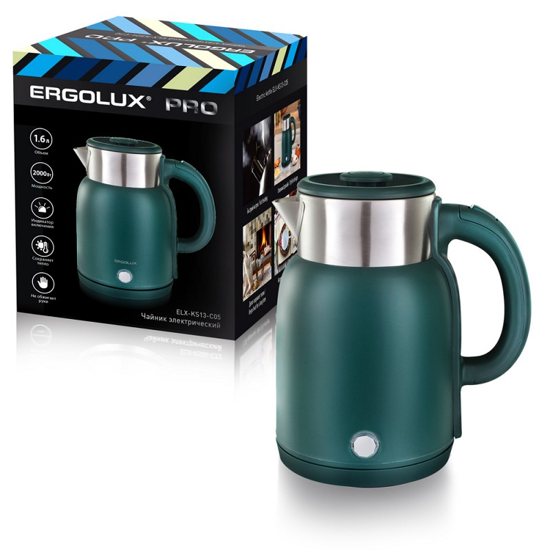 Чайник ERGOLUX ELX-KS13-C05 зеленый PRO, нержавеющая сталь, 1.6 л, 2000 ...